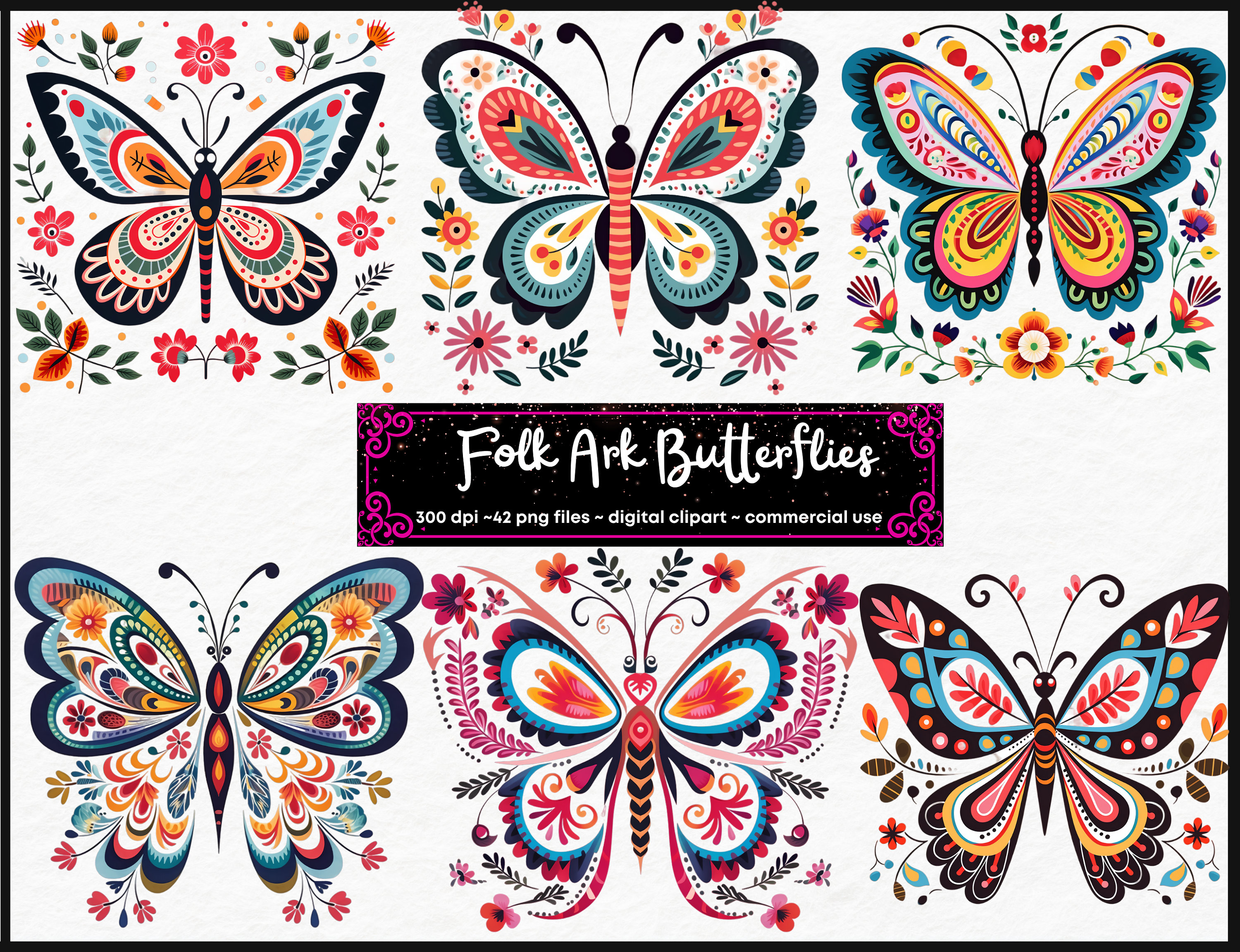Folk Art Butterfly Clipart, Colorful PNG, Detailed, Floral PNG ...