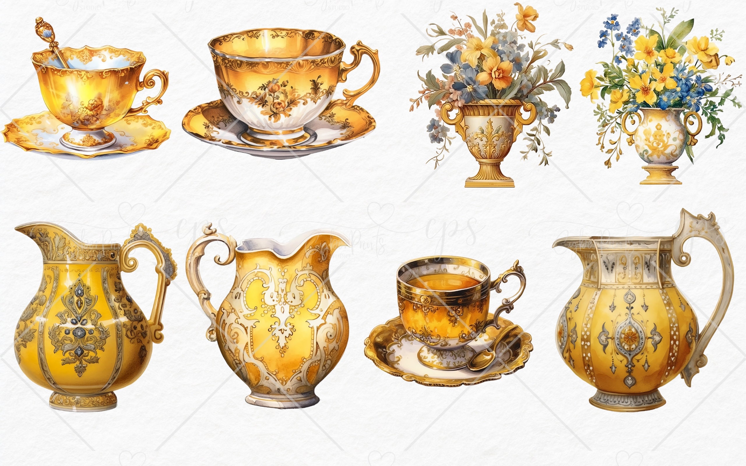 Watercolor Gold Tea Clipart, Honey Gold Tea Cups, Garden Tea Clip Art ...