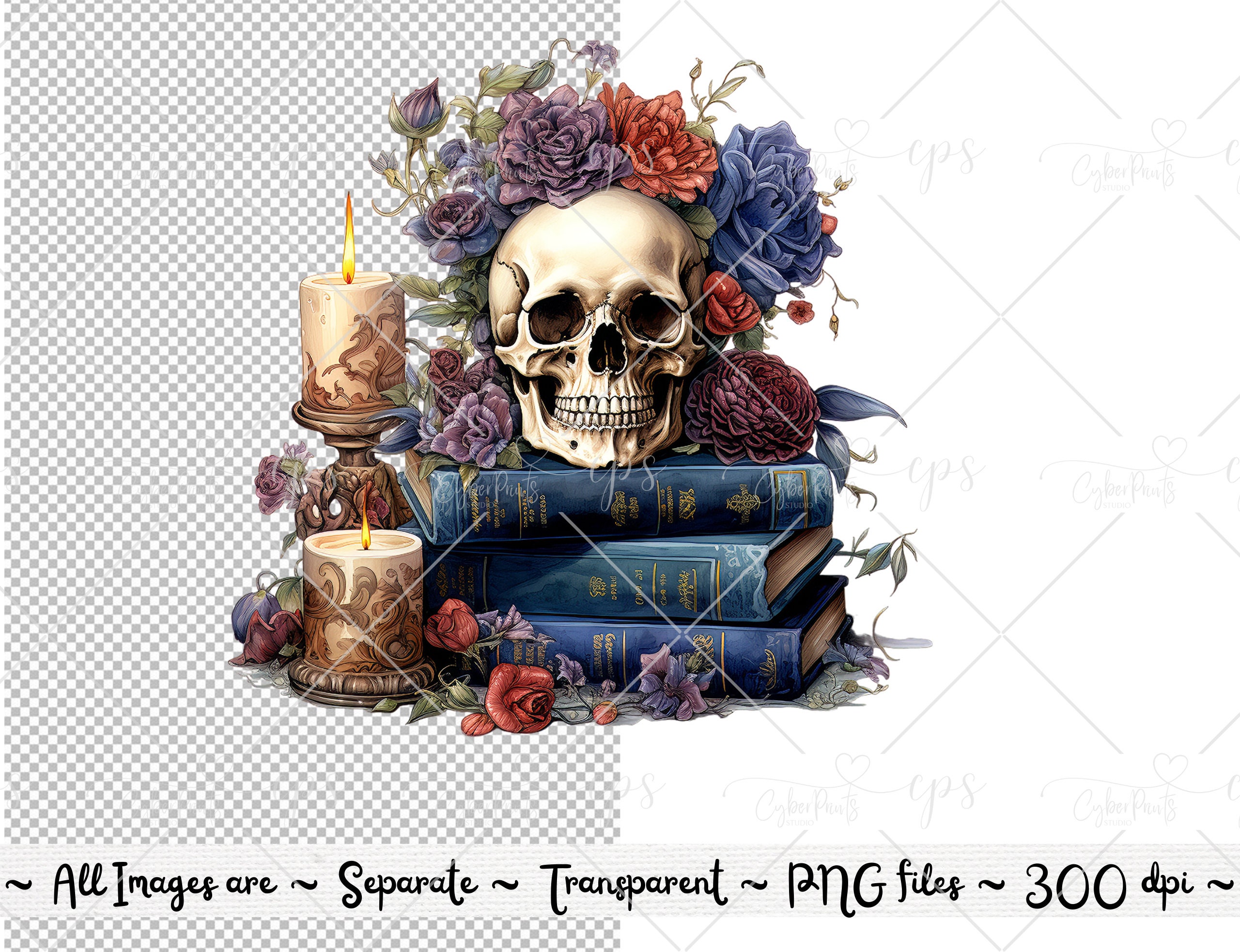 Gothic Skulls and Books, Candles, Dark Elegance, Mystique Decor, Skull ...