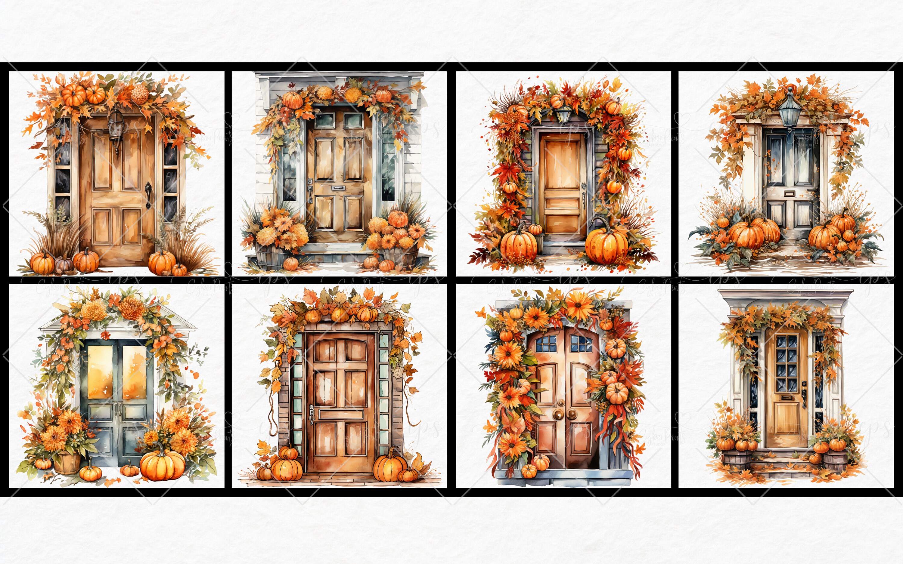 Watercolor Autumn Doors Clipart Pumpkin Door Halloween - Etsy