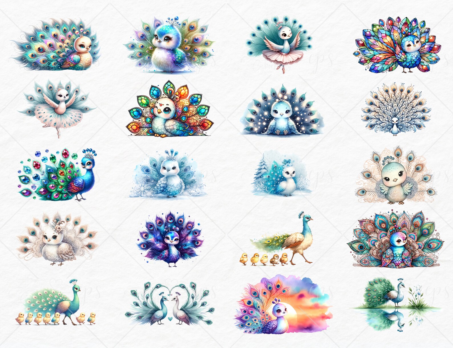 Cute Peacocks Watercolor Clipart Bundle, PNG Images, Majestic Bird ...