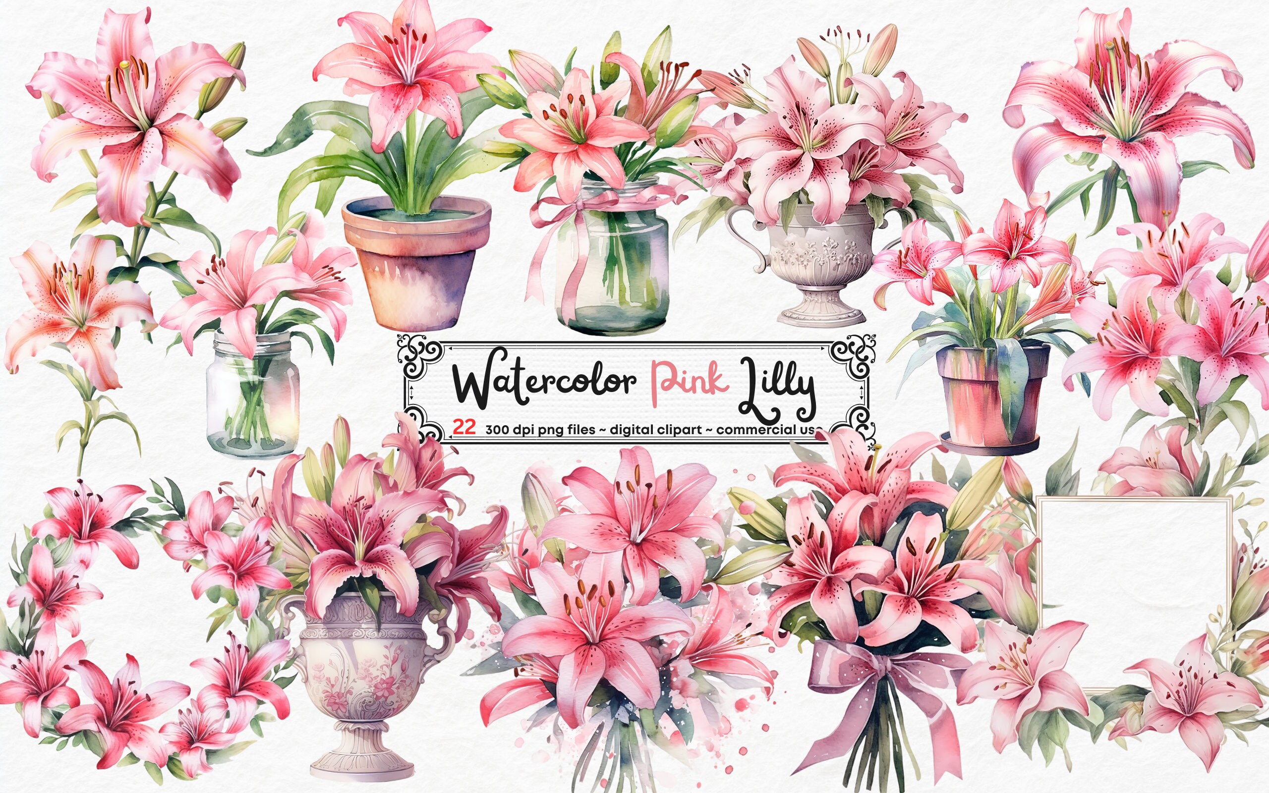 Watercolor Pink Lilly Clipart - Pink Lillies in PNG Format Instant ...