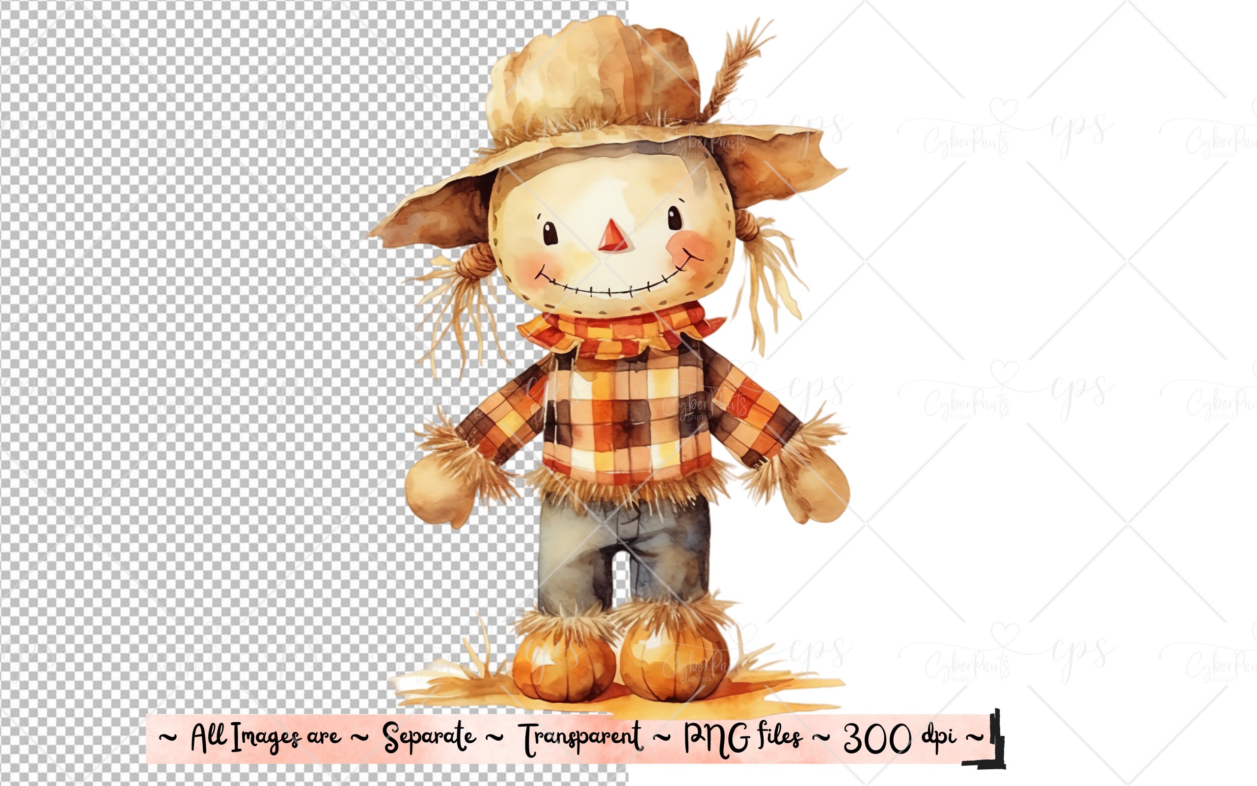 Watercolor Scarecrow Clipart Bundle Halloween PNG Digital Planner ...