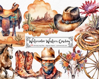 Watercolor Old Western Pack Clipart - 20 Piece Texas Cowboy Ranch ...