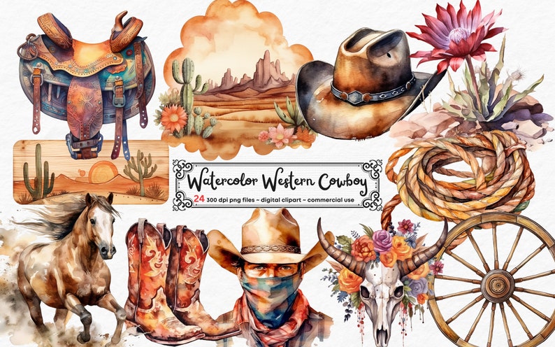 Watercolor Western Clipart Cowboy Clipart Texas Cowboy Ranch PNG Format ...