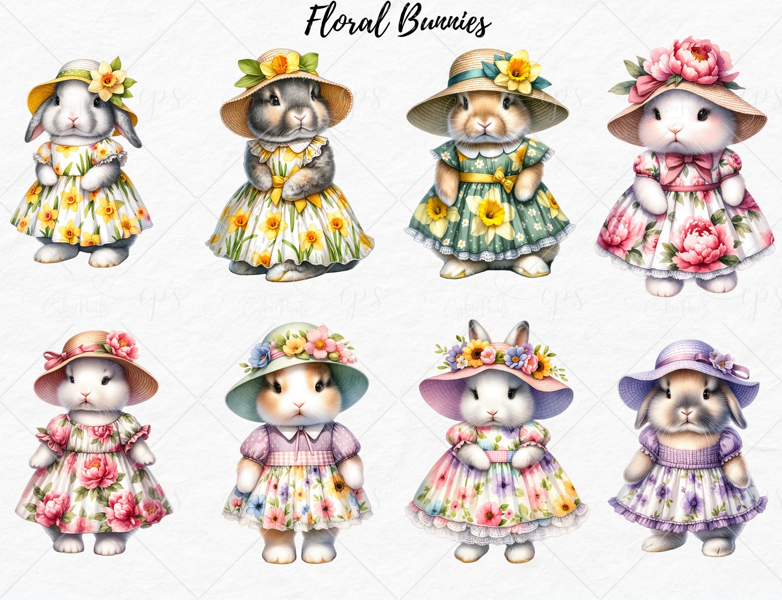Floral Bunnies in Dresses, Watercolor Clipart Png, Rabbit, Bunny Png ...