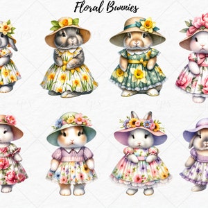 Floral Bunnies in Dresses, Watercolor Clipart Png, Rabbit, Bunny Png ...