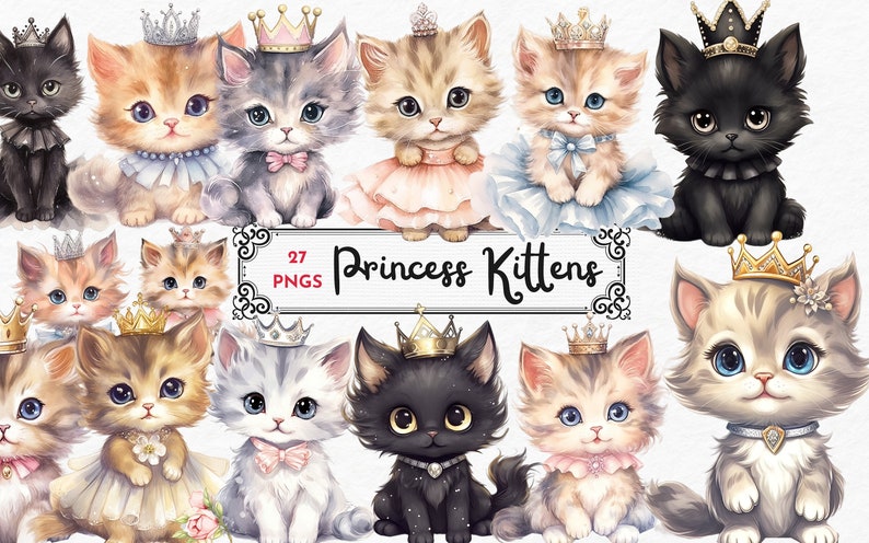 Princess Kittens Watercolor Clipart Png, Kitten Png,cute Kitten Png ...