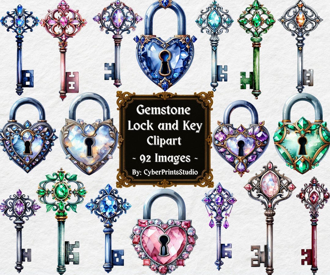 Gemstone Lock and Key Clipart Bundle – 92 Crystal Heart Locks and ...