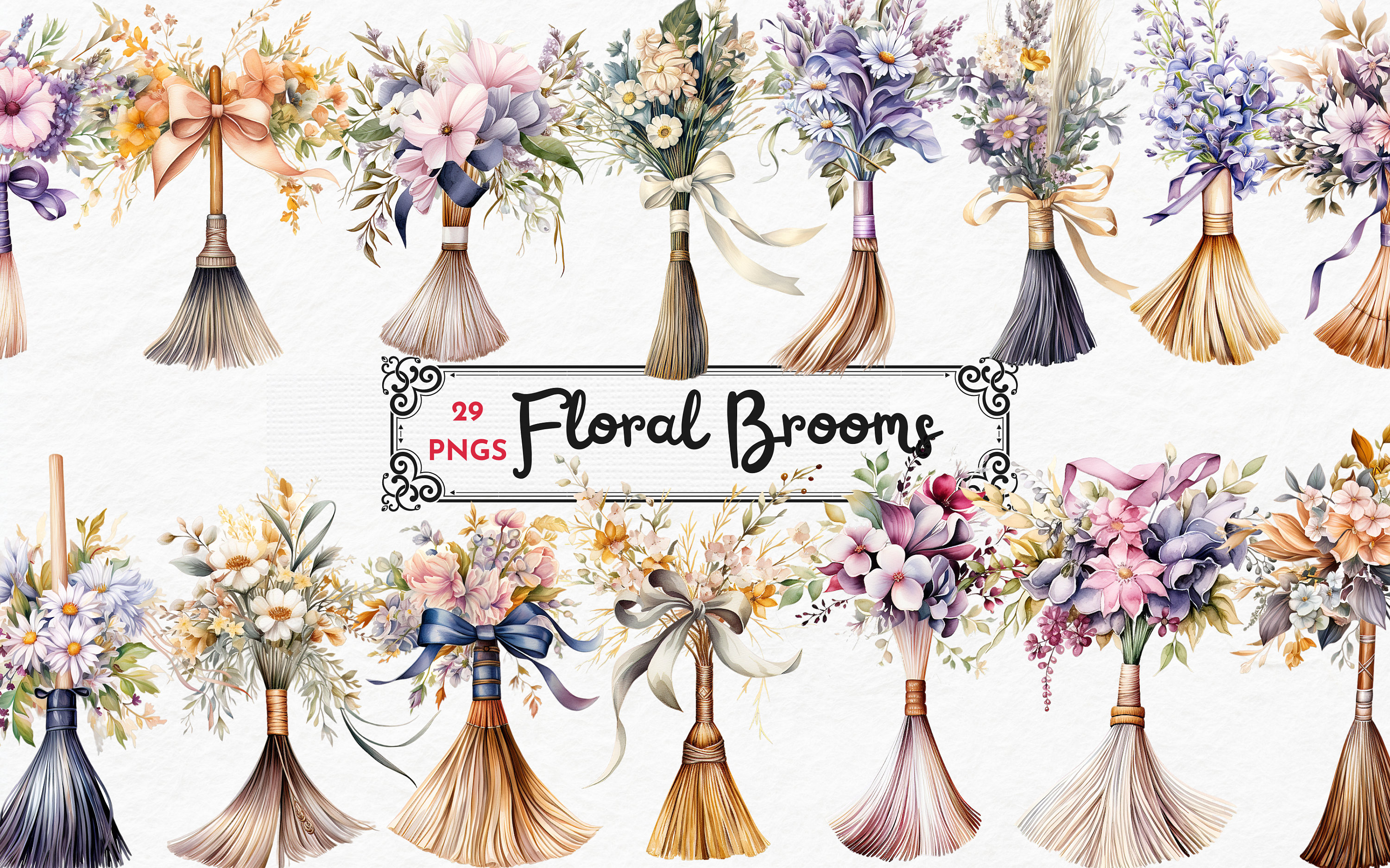 Watercolor Floral Brooms Clipart - Halloween Cottagecore Witch Brooms ...