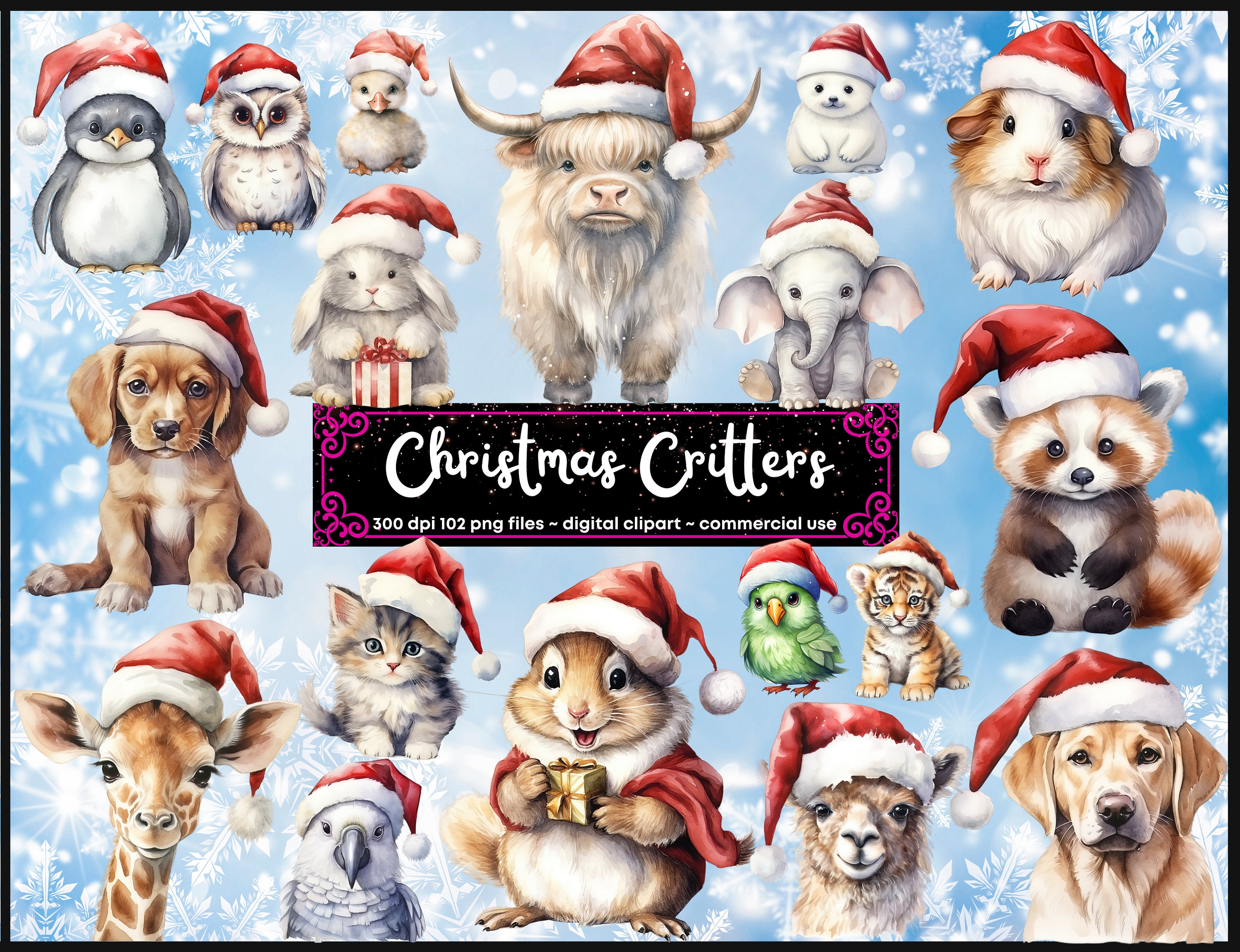 Santa Animals Clip Art Cute Christmas Animals in Png Format, Instant ...