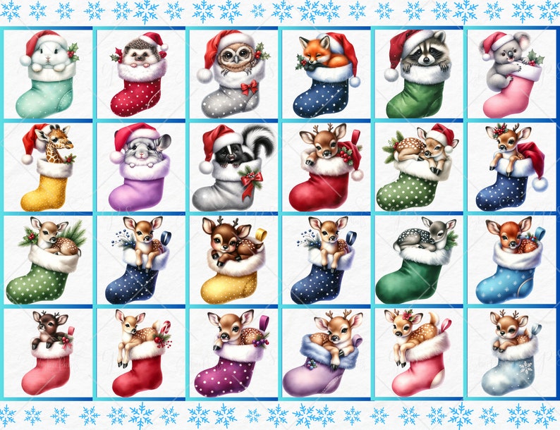 Christmas Critter Stockings, Cute Watercolor Xmas Animals, Holiday ...