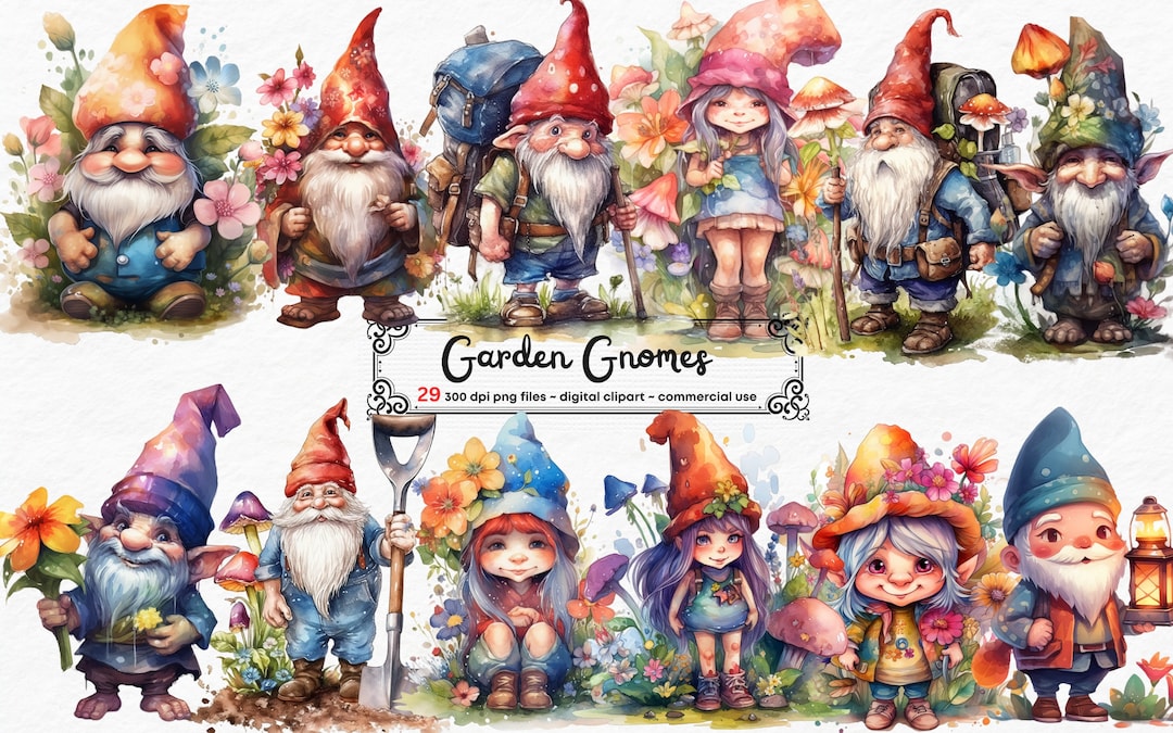 Watercolor Garden Gnomes - Fantasy Floral Spring Clip Art Graphics in ...
