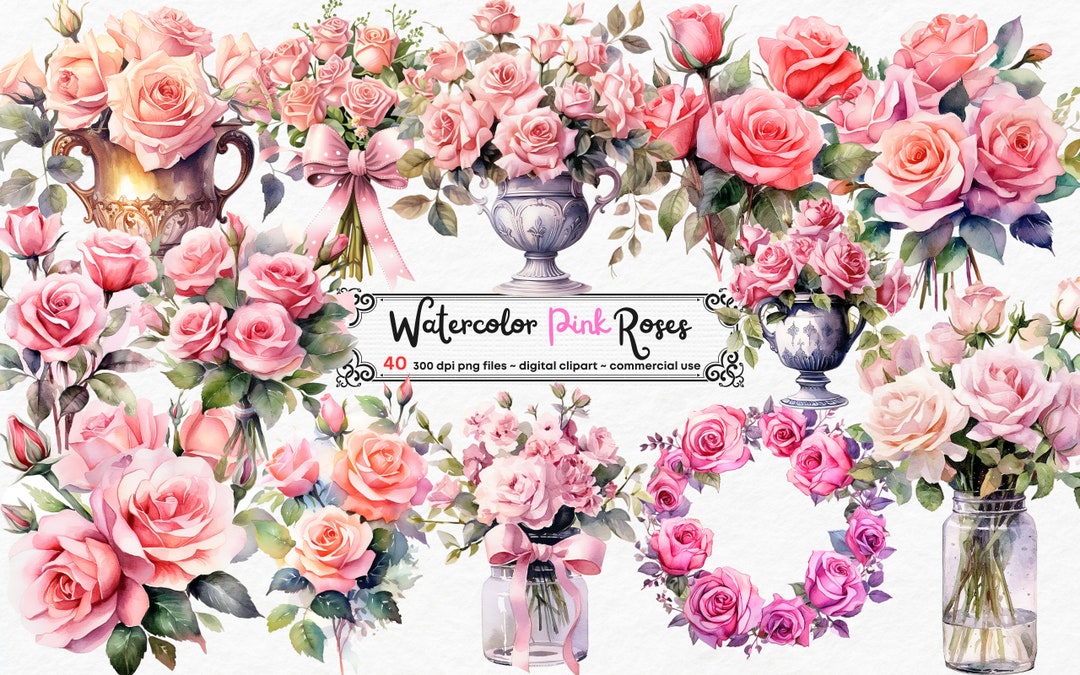 Watercolor Pink Roses Clipart - Roses in PNG Format Instant Download ...