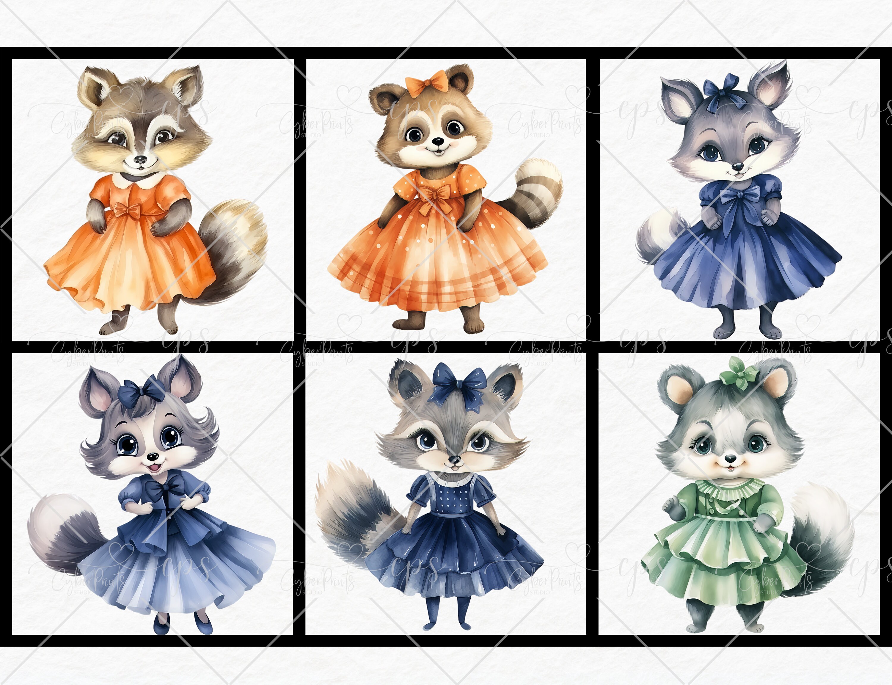 Watercolor Raccoon Clipart, Cute Animal Bundle, Raccoon in a Dreess ...