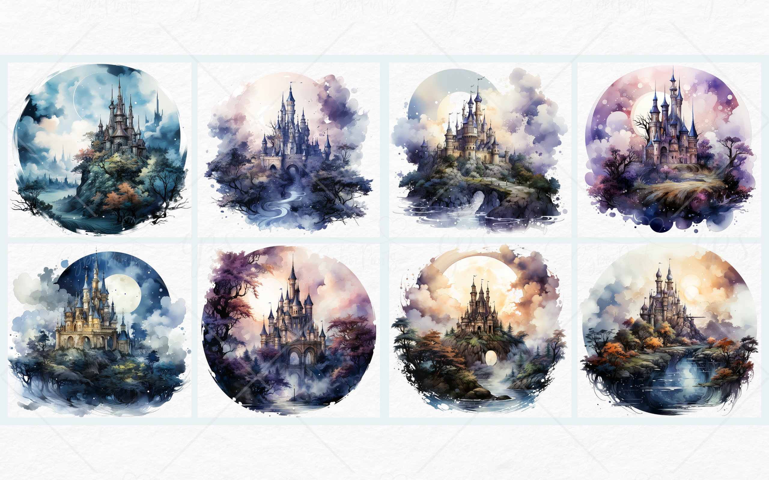 Watercolor Fantasy Castles Clipart Fantasy Castle Night - Etsy