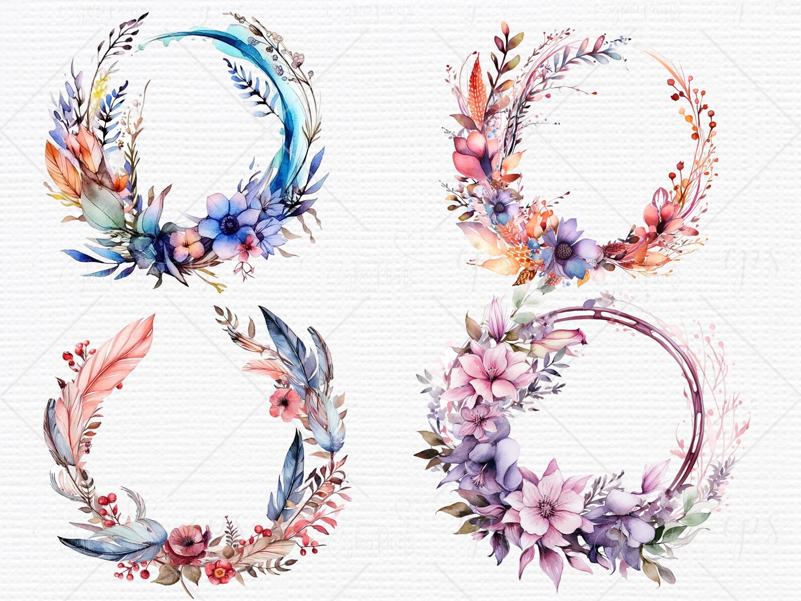 Watercolor Boho Wreaths Clipart, Floral Frames, Watercolor Floral ...