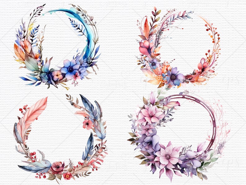 Watercolor Boho Wreaths Clipart, Floral Frames, Watercolor Floral ...