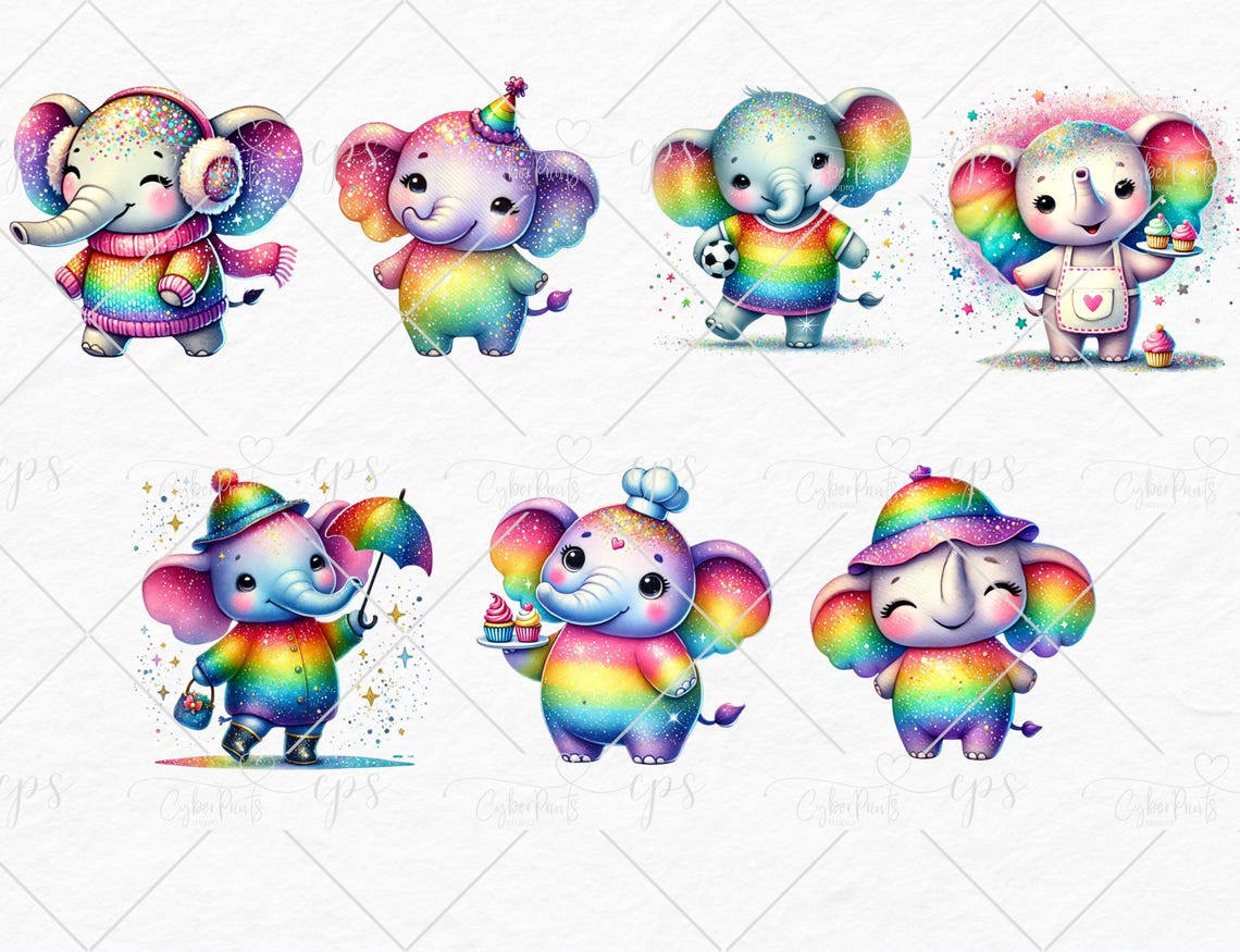 Rainbow Elephant Clipart - Cute Watercolor Elephants PNG - Digital ...