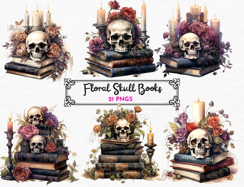 Gothic Skulls and Books, Candles, Dark Elegance, Mystique Decor, Skull ...
