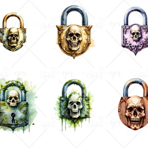 Skull Lock and Key Watercolor Clipart Bundle – Gothic Skeleton Padlocks ...