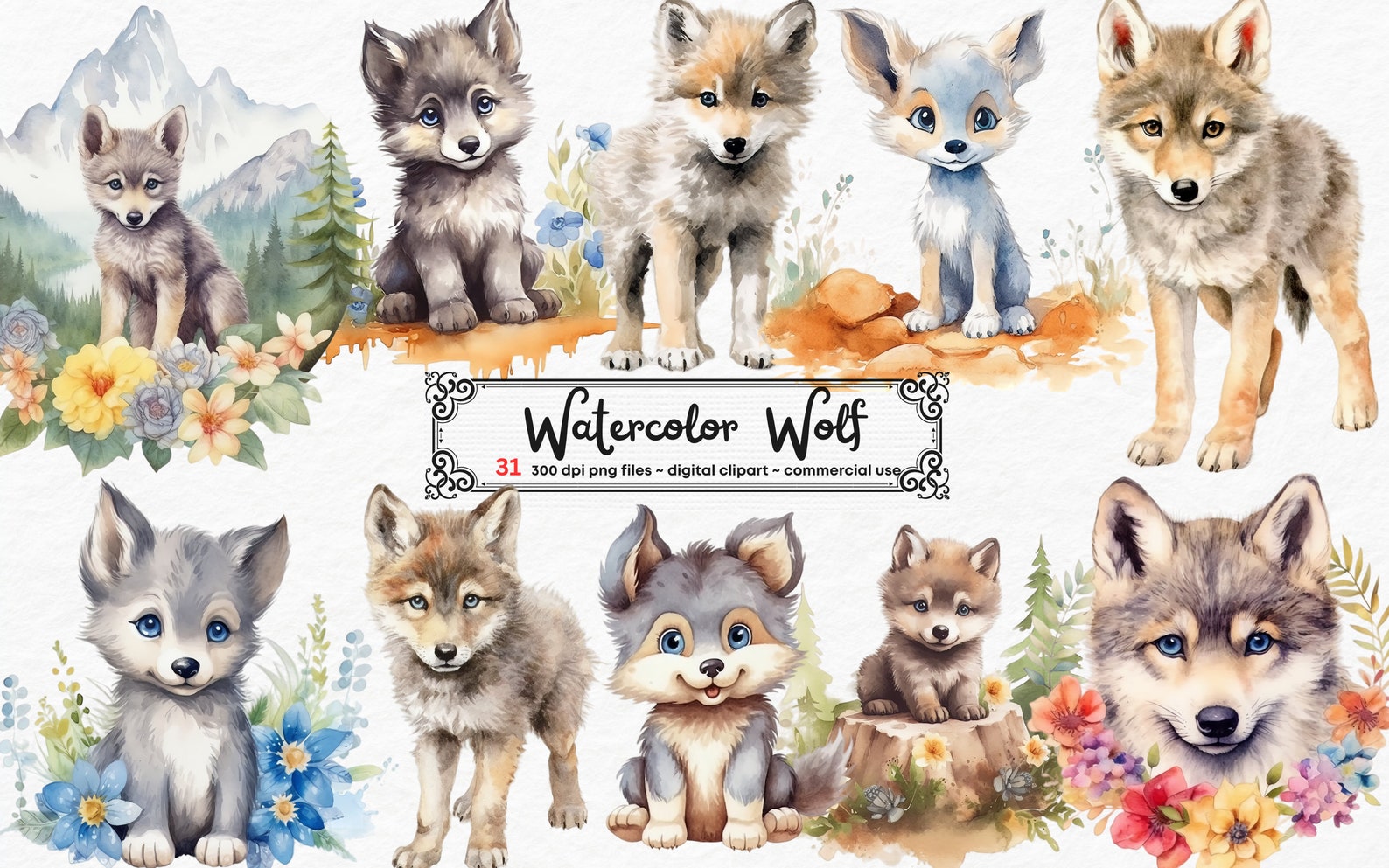 Cute Baby Wolf Clipart Bundle Watercolor Animal Illustration - Etsy
