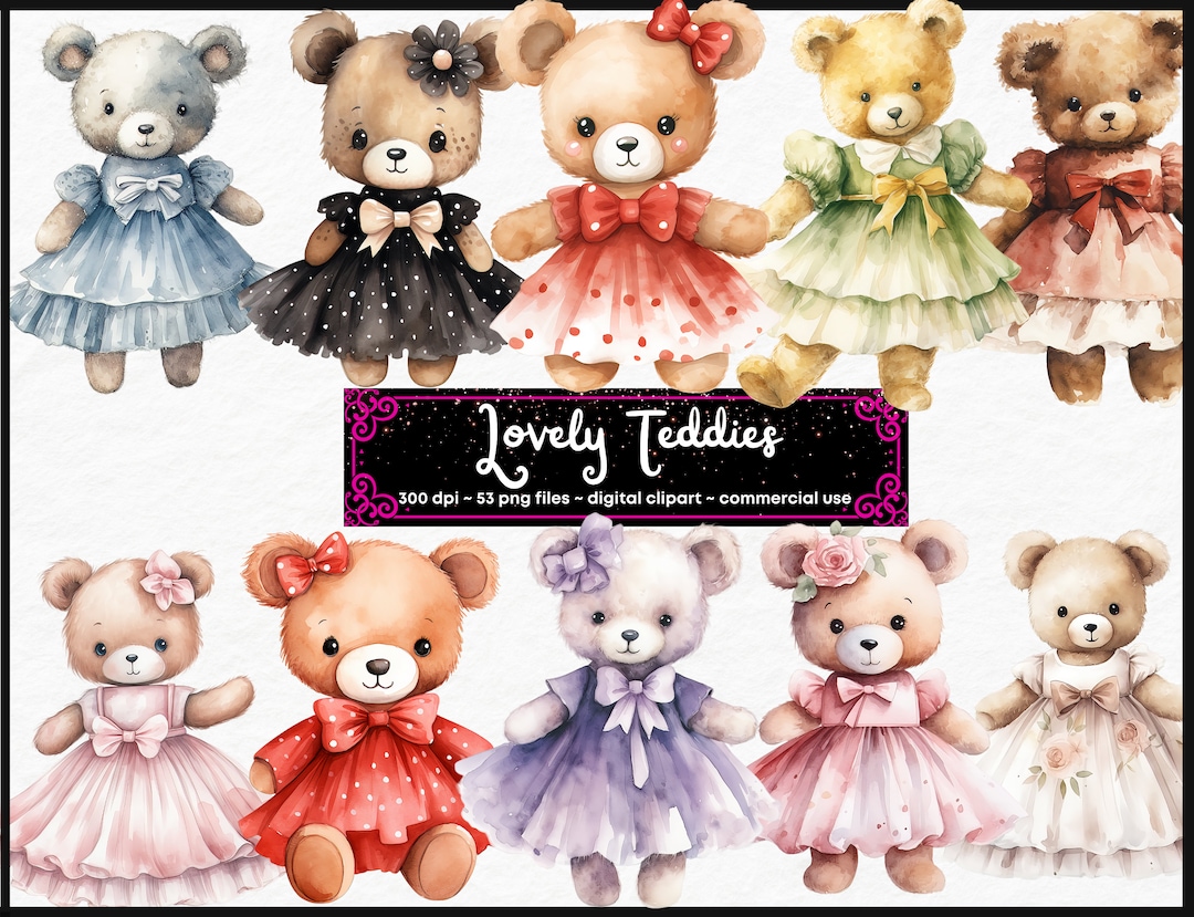 Watercolor Teddy Bear, Teddy in Dress, Cute Adorable Teddybear, Instant ...