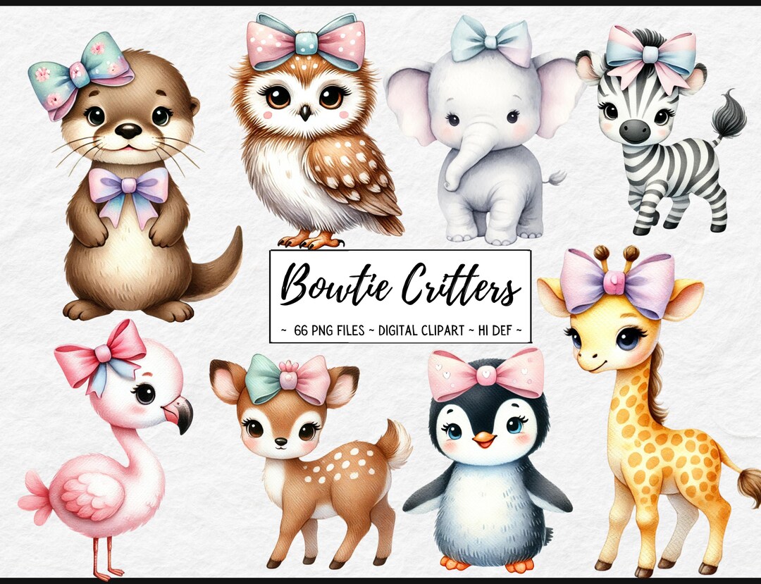 Cute Bow Animals Clipart - Baby Animals With Bows - PNG Digital ...