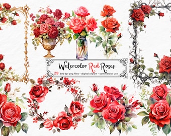 Watercolor Red Rose Clipart Set PNG Instant Download - Etsy UK