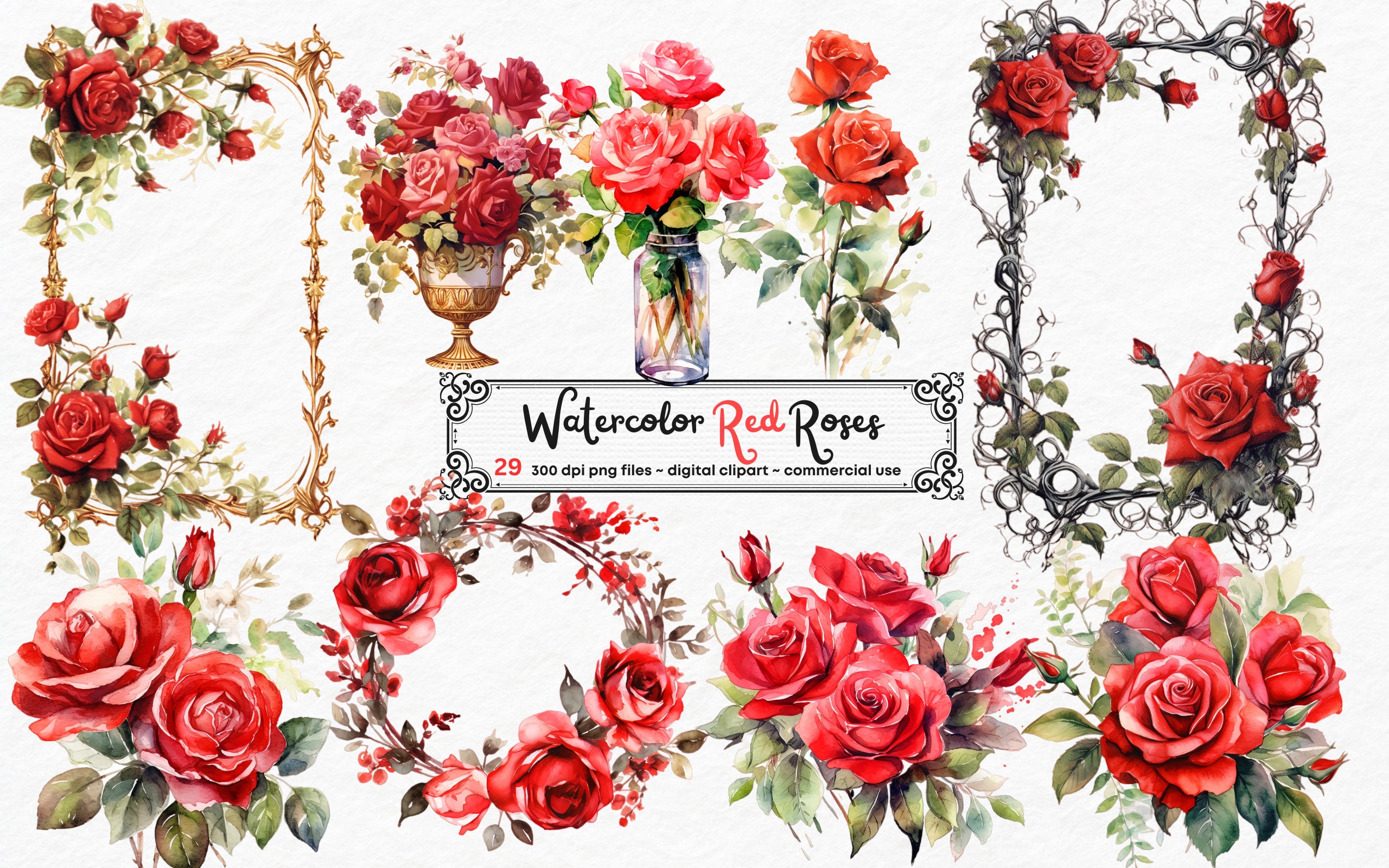 Watercolor Red Roses Clipart roses in PNG Format Instant Download for ...