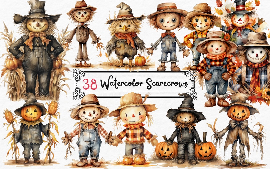 Watercolor Scarecrow Clipart Bundle | Halloween PNG | Digital Planner ...