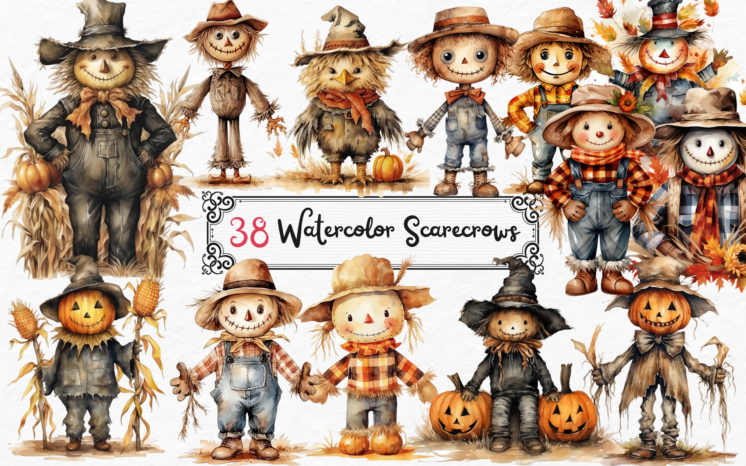 Watercolor Scarecrow Clipart Bundle Halloween PNG Digital Planner ...