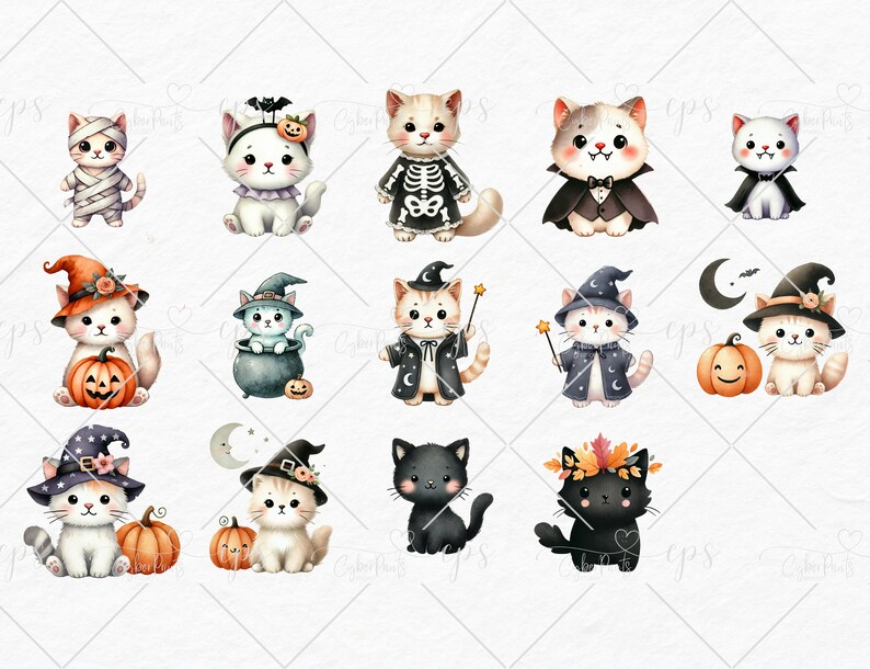 Halloween Cats Watercolor Clipart Bundle - 115 PNG Spooky Cat Images ...