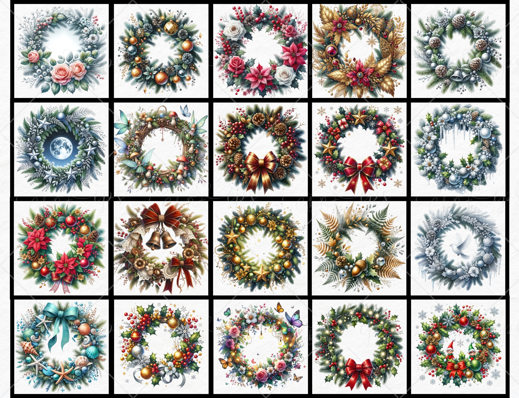 Christmas Wreaths Watercolor Clipart Bundle - 93 PNG Festive Wreath ...