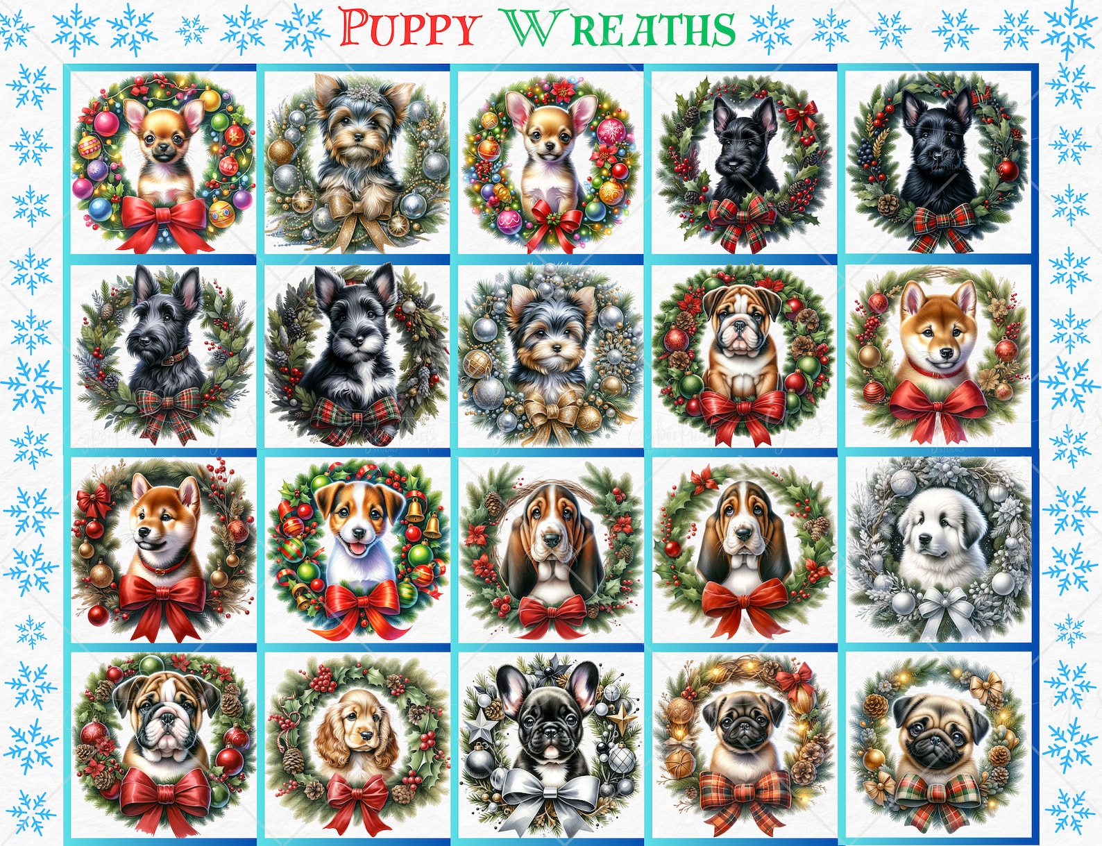 Christmas Puppy Wreaths Watercolor Dog Clipart Bundle - 92 PNG Festive ...