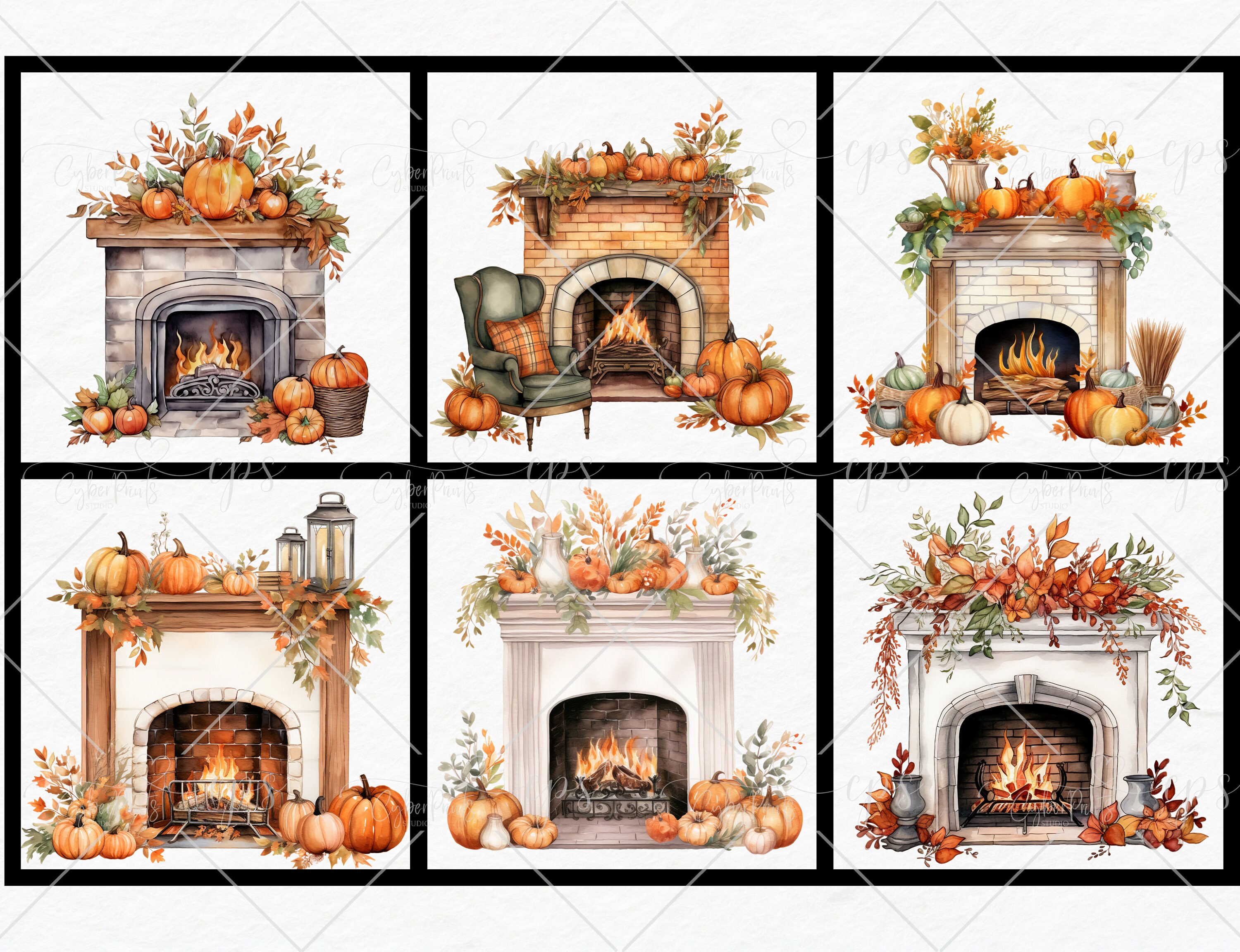 Autumn Cozy Fireplace Clipart, Watercolor Clipart, Fall Season ...