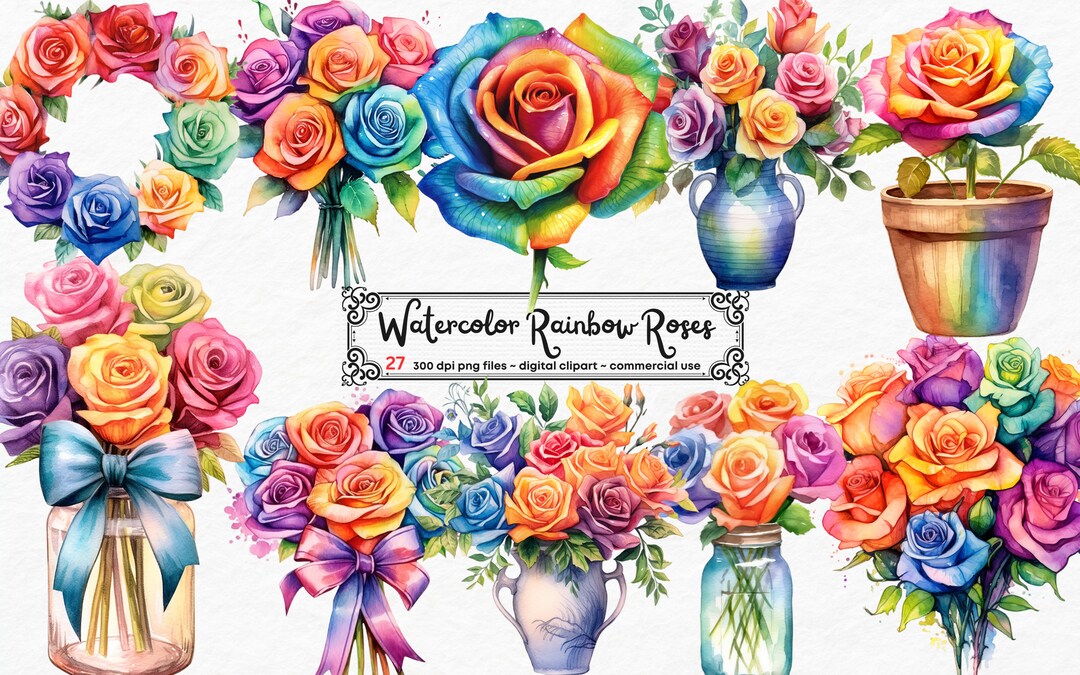 Watercolor Rainbow Roses Clipart - Roses in PNG Format Instant Download ...