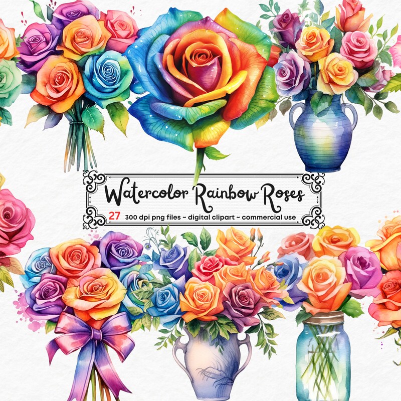 Rainbow Rose Clipart - Etsy