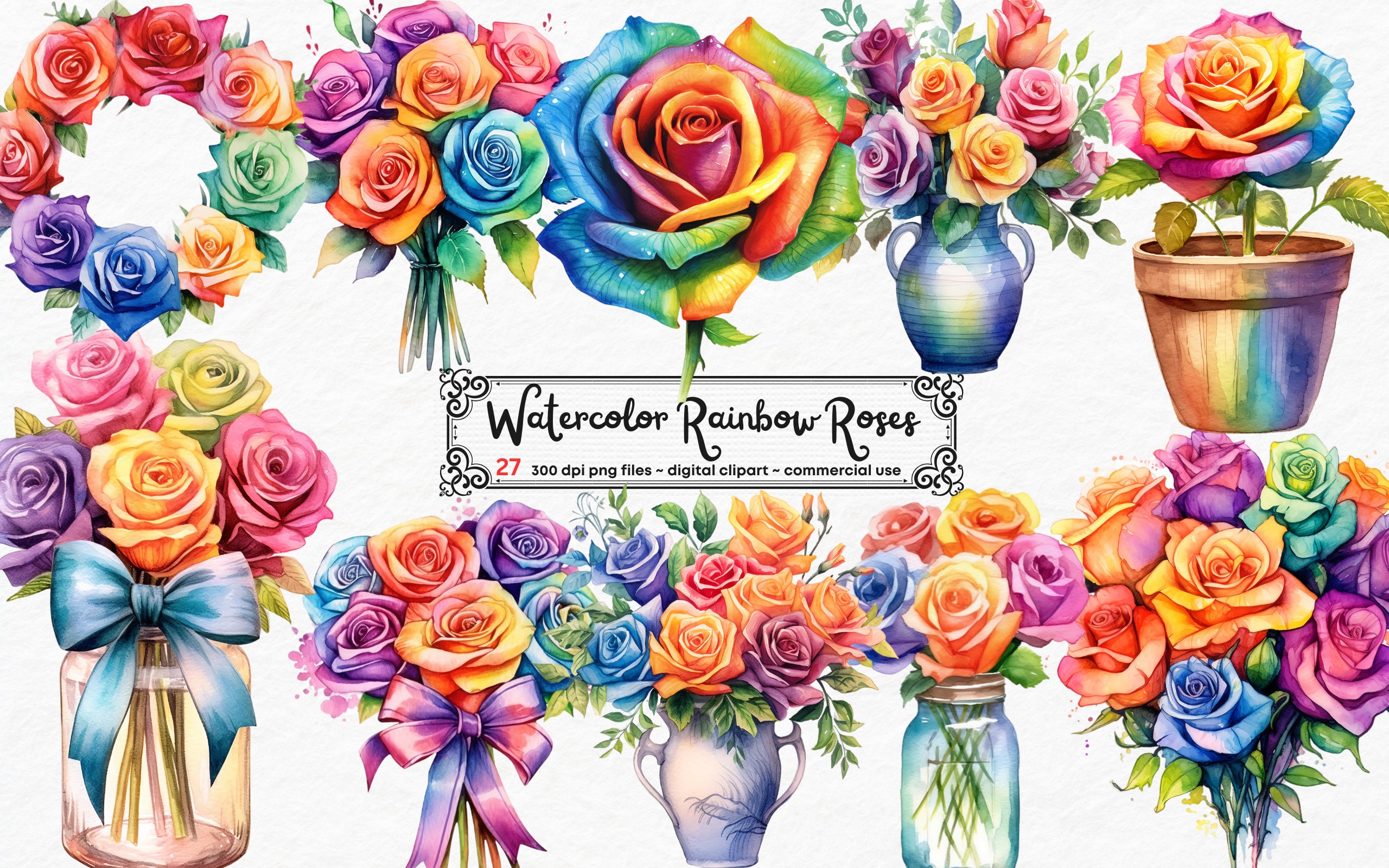 Watercolor Rainbow Roses Clipart Roses in PNG Format Instant Download ...