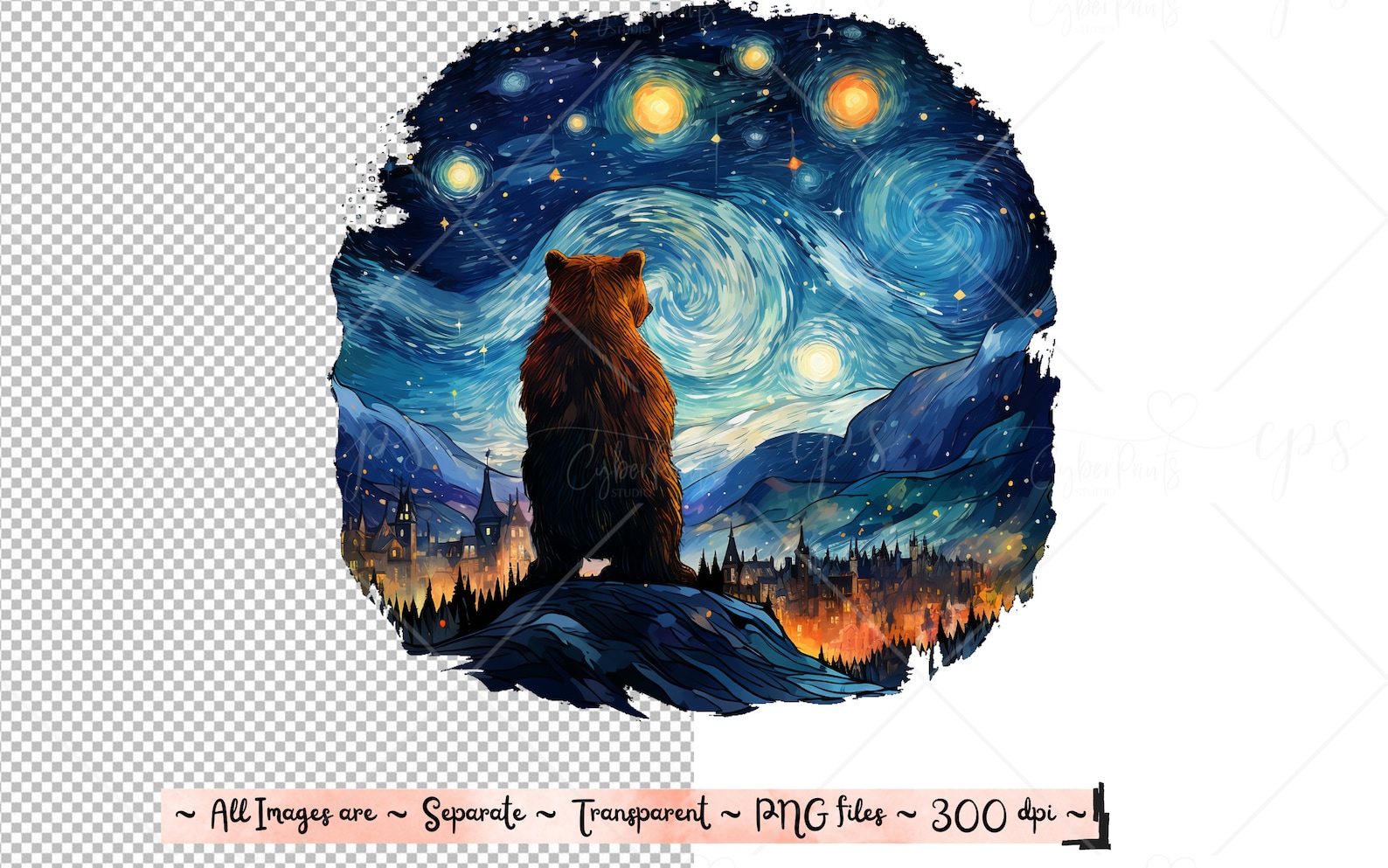 Starry Night Bears, Bears Clipart, Van Gogh Bears, Forest Animals PNG Format Instant Download ...
