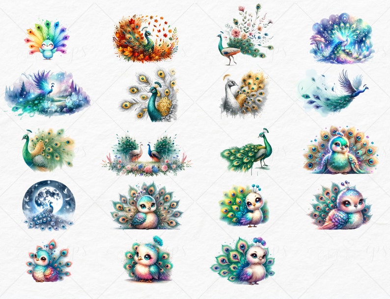 Cute Peacocks Watercolor Clipart Bundle, PNG Images, Majestic Bird ...