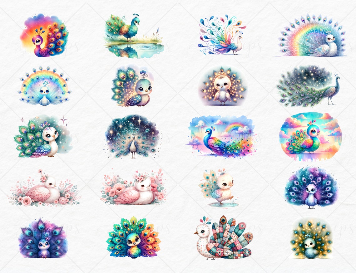 Cute Peacocks Watercolor Clipart Bundle, PNG Images, Majestic Bird ...
