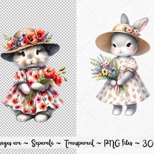 Floral Bunnies in Dresses, Watercolor Clipart Png, Rabbit, Bunny Png ...