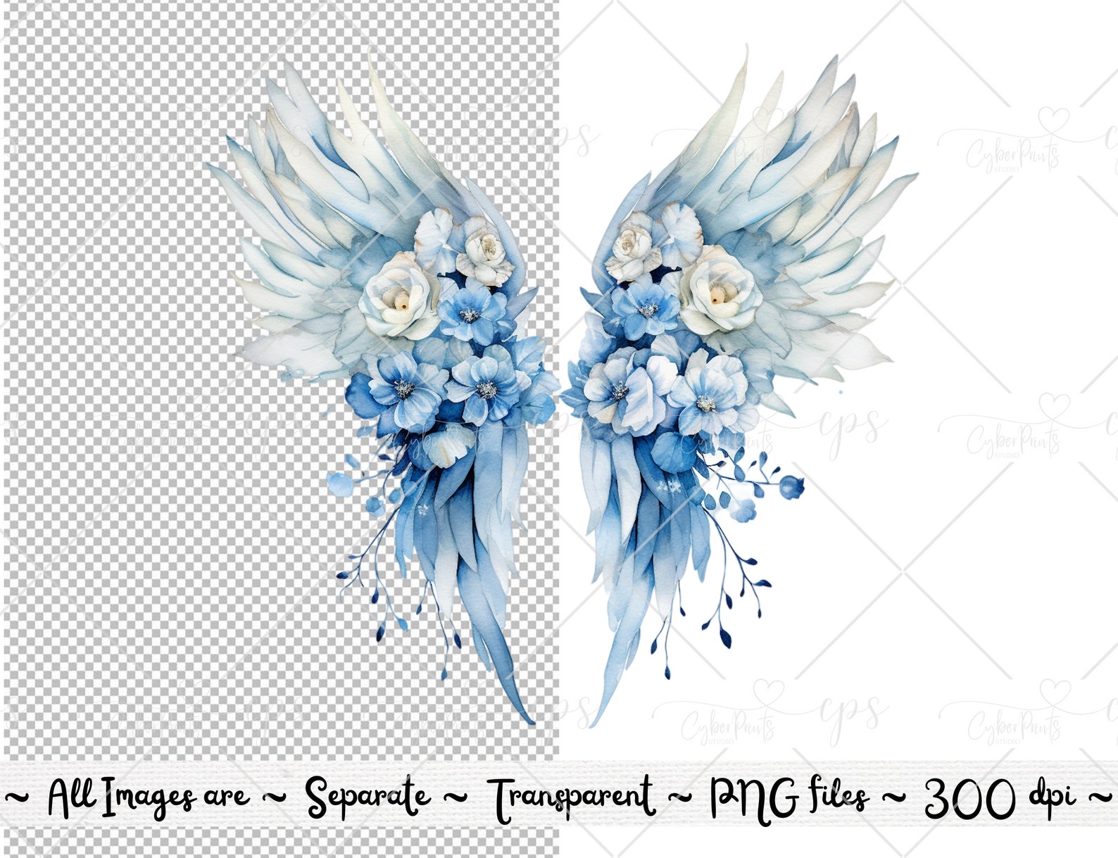 Floral Angel Wings Clipart, Watercolor Clipart, Feather Wings Png ...