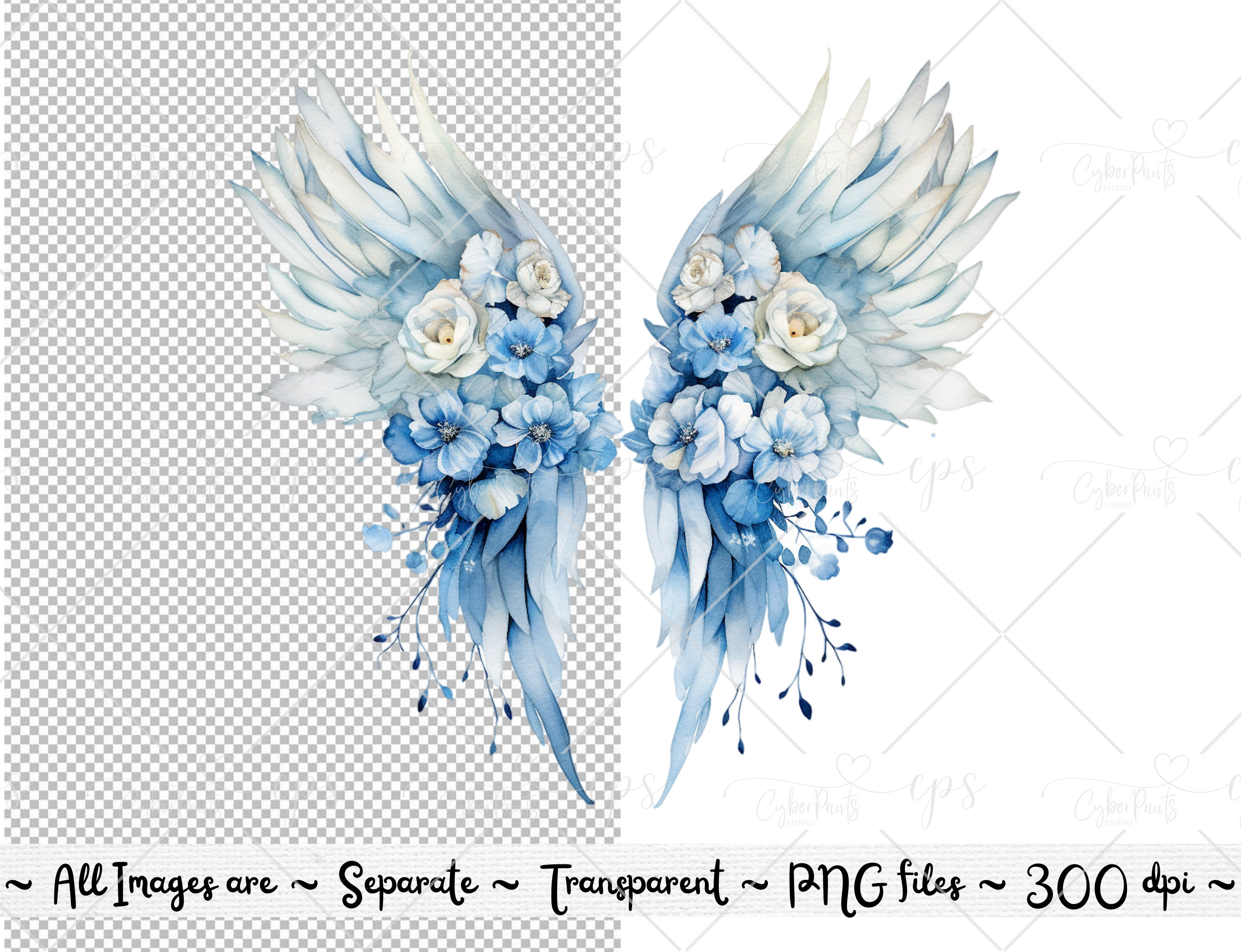 Floral Angel Wings Clipart, Watercolor Clipart, Feather Wings Png ...
