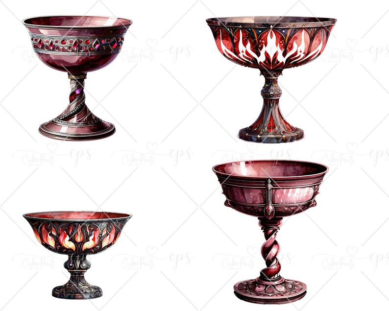 Red Gothic Cups Watercolor Clipart Bundle | 27 PNG Crystal Chalices ...