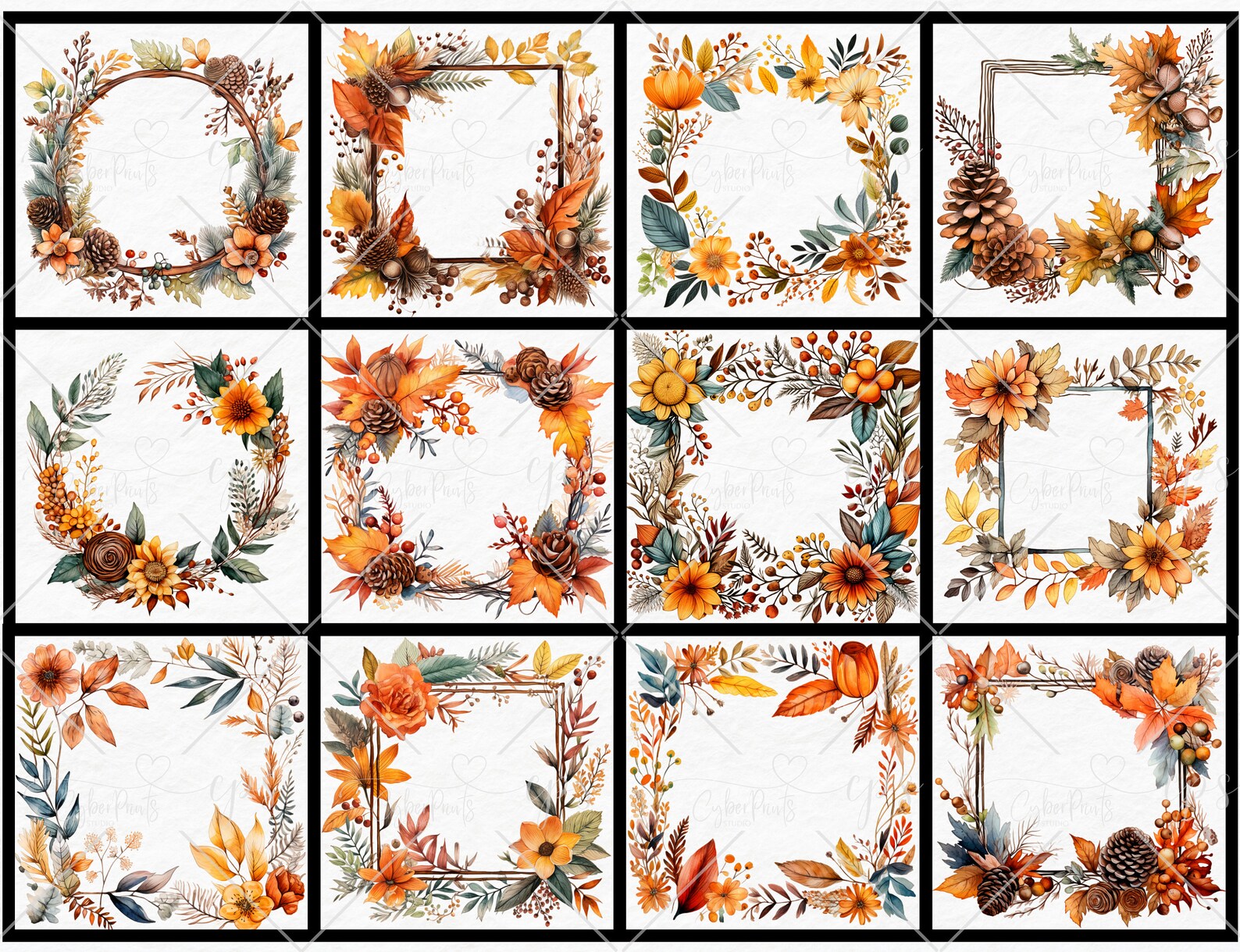 Autumn Frames Watercolor Clipart Bundle PNG Fall Flowers Frame - Etsy