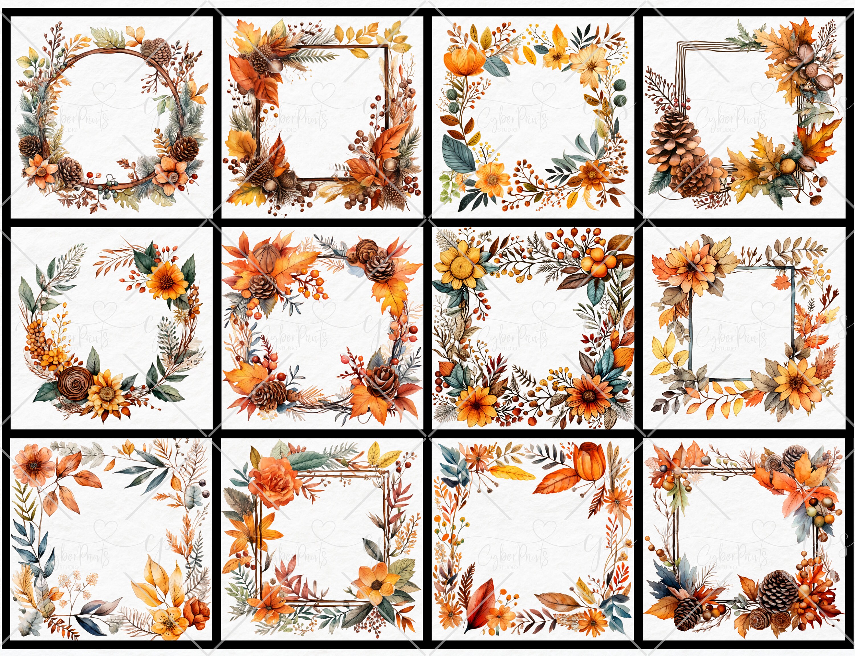 Autumn Frames Watercolor Clipart Bundle PNG Fall Flowers Frame Images ...