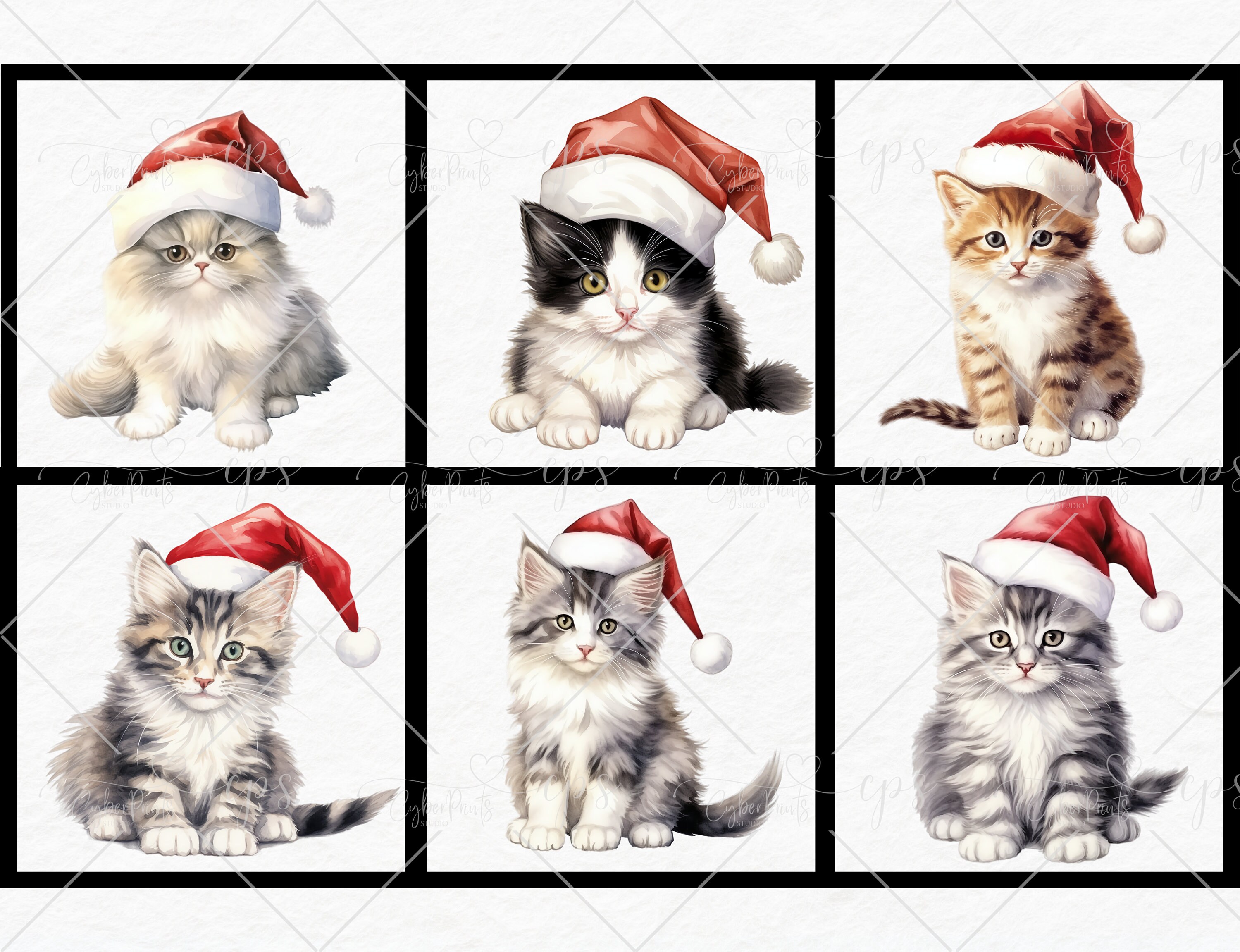 Christmas Cat Clipart Watercolor Kittens Santa Hat Winter - Etsy