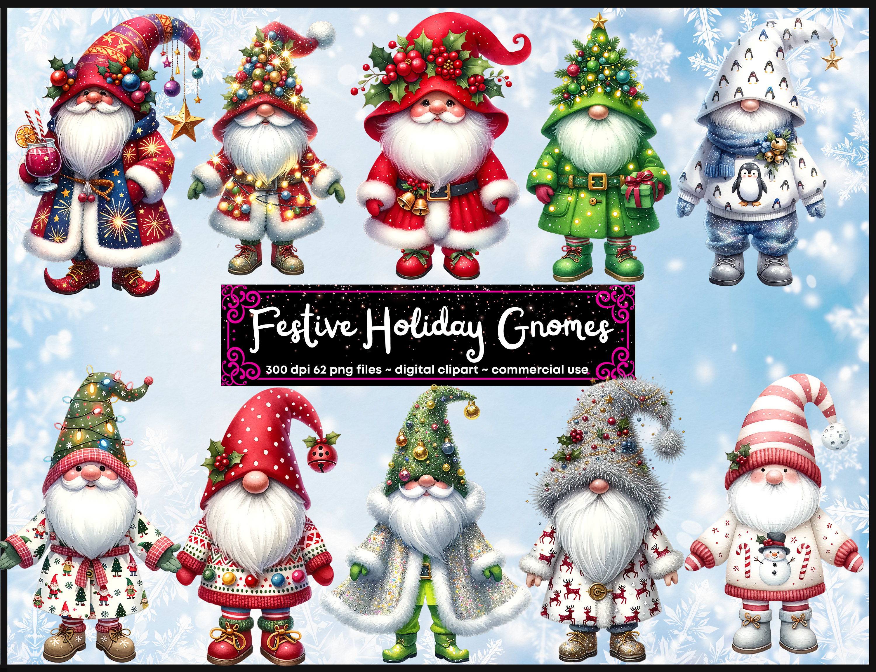 Festive Holiday Gnomes Clipart, Whimsical, Fun, PNG Christmas, Santa ...